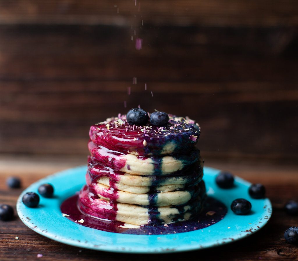 Blueberry Pancakes with Pitaya and Blueberry Maple Syrup - Amber Approved